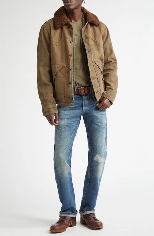 Double Rl Halkirk Fleece Collar Denim Jacket - Distressed
